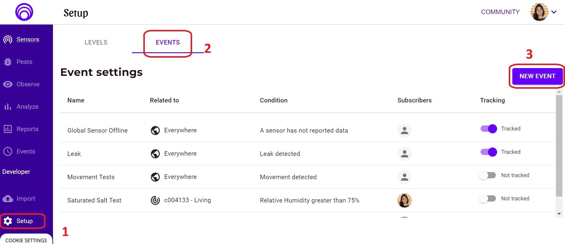 Set up Events for Leaks